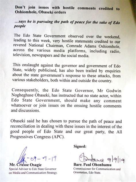 Edo Apc Crisis Ignore Oshiomhole Obaseki Orders Govt Officials