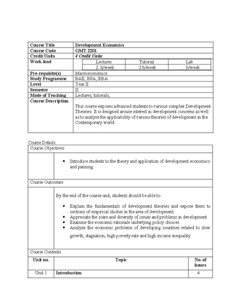 Course Outline Development Economics Gmt2201 Course Title Development