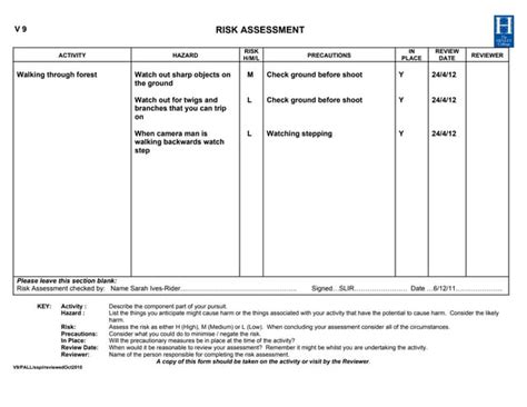 Risk Assessment Form Working To A Brief Doc