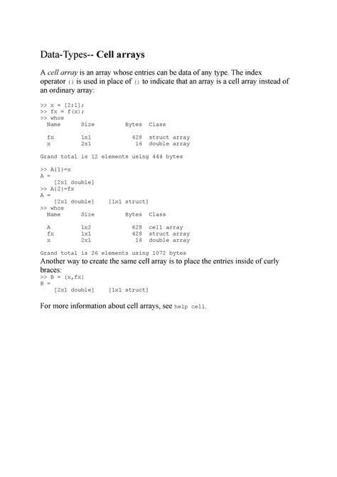 Data Types Cell Arrays The Index Operator Is Used In Place Of To Indicate That An Array