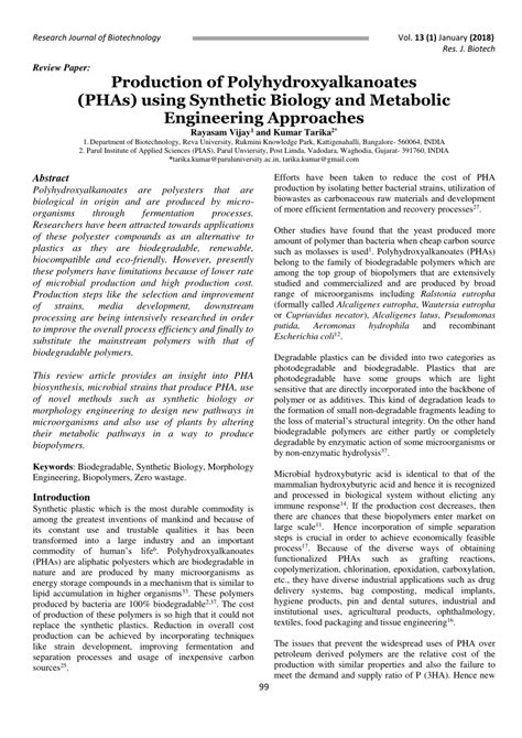 Pdf Production Of Polyhydroxyalkanoates Phas Using Synthetic