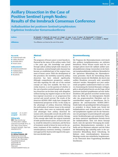 Pdf Axillary Dissection In The Case Of Positive Sentinel Lymph Nodes Results Of The Innsbruck