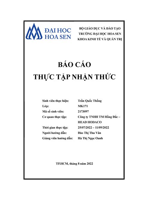 TTNT TQT thực tập nhận thức BỘ GIÁO DỤC VÀ ĐÀO TẠO TRƯỜNG ĐẠI HỌC HOA SEN KHOA