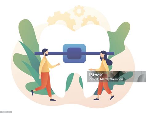 치과 중괄호 개념이있는 큰 치아 치열 교정 치료 및 화장품 오돈론 작은 사람들 치열 교정자 현대 플랫 만화 스타일 흰색 배경의 벡터 그림 개념에 대한 스톡 벡터 아트 및