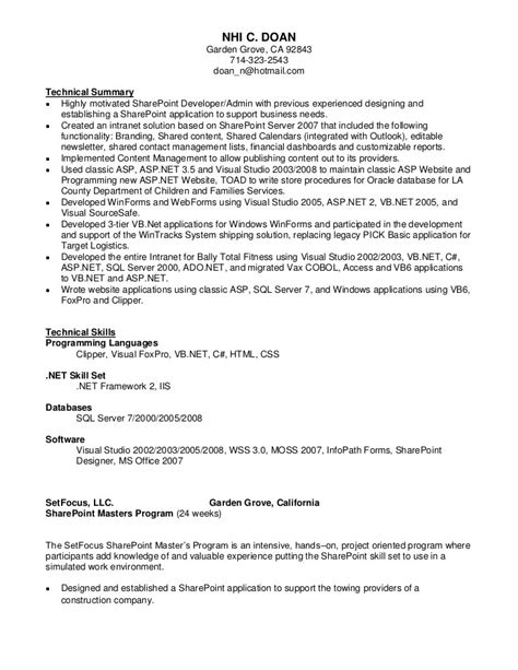 sample resume for sharepoint developer nhi doan sharepoint resume