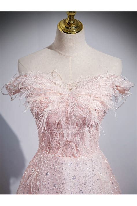 Aline Long Pink Sequin Cute Prom Dress With Off Shoulder Straps 178