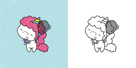 귀여운 클립 아트 유니콘 선수 그림 및 색칠 페이지 만화 말 스포츠맨 프리미엄 벡터