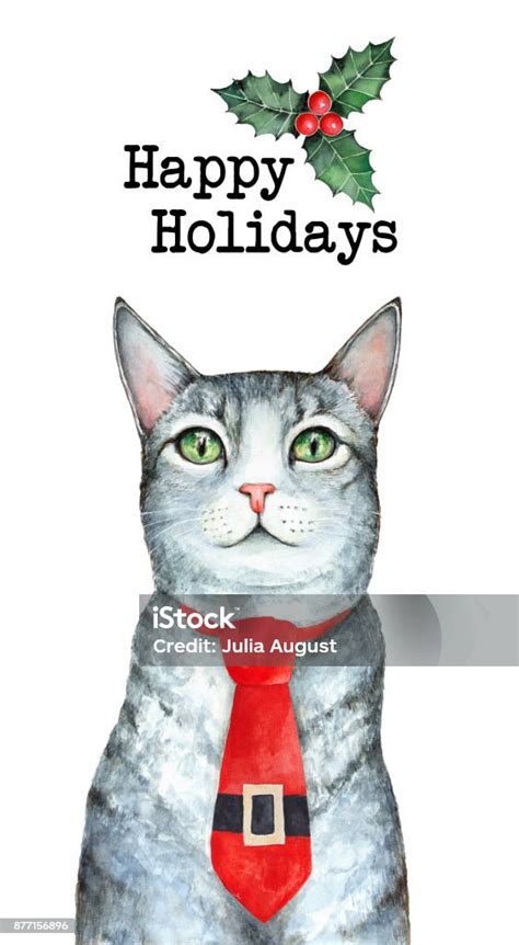 귀여운 고양이와 붉은 산타 클로스 넥타이 해피 홀리데이 텍스트 홀리 잎 Beries 초상화 회색 빨강 녹색 색상입니다 따뜻한 계절 기원합니다 크리스마스에 대한 스톡 벡터