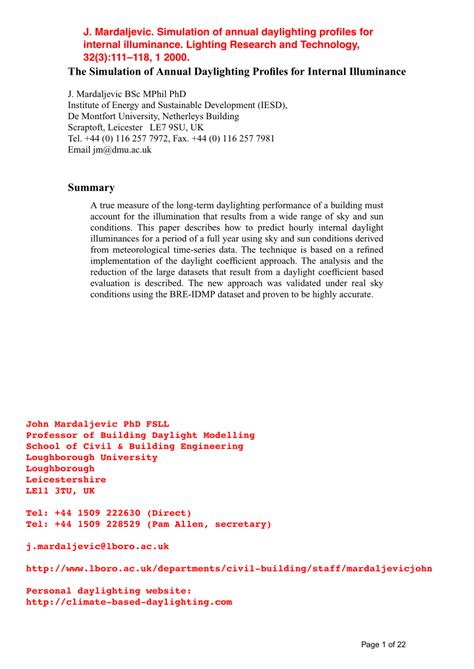 Pdf Simulation Of Annual Daylighting Profiles For Internal Illuminance