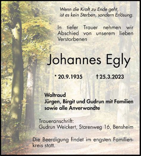 Traueranzeigen Von Johannes Egly Trauerportal Ihrer Tageszeitung