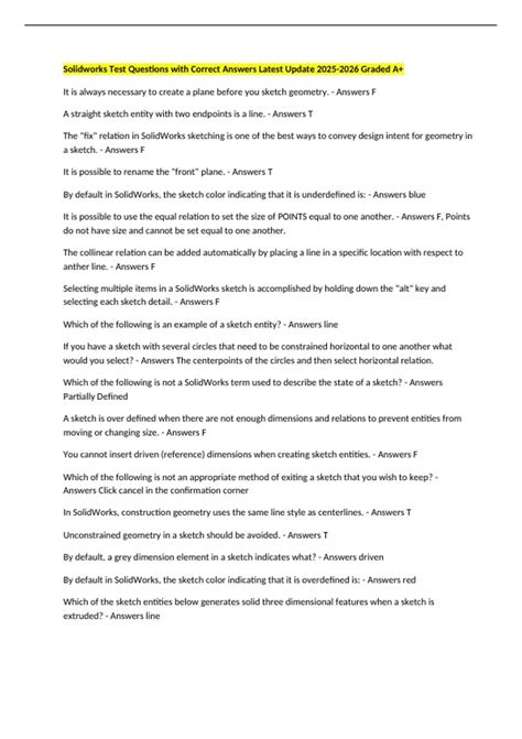 Solidworks Test Questions With Correct Answers Latest Update Graded A Solidworks Stuvia Us