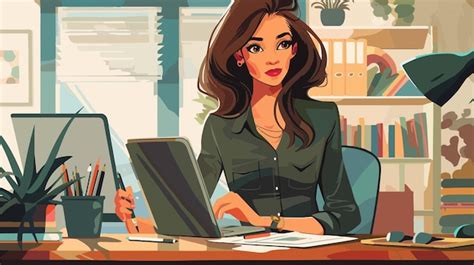 Una Caricatura De Una Mujer Trabajando En Una Computadora Portátil Con