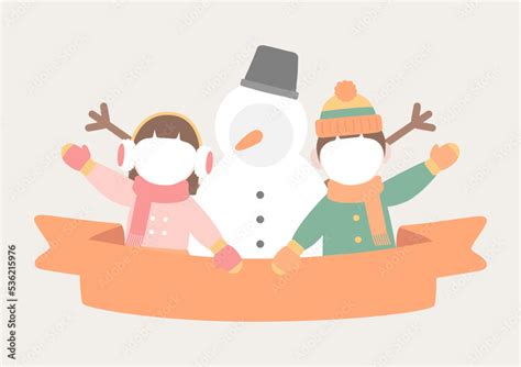 Vetor 겨울 어린이와 눈사람 캐릭터 라벨 일러스트 이미지 Do Stock Adobe Stock