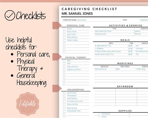 Caregiving Elderly Care Checklist Editable Printable Is Ideal For