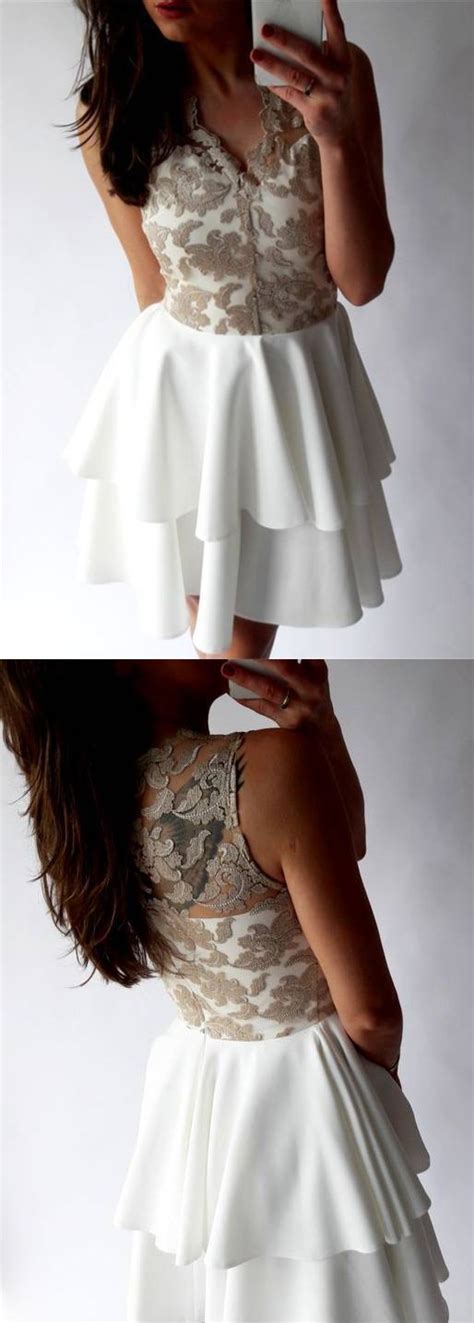 Sexy Homecoming Dress V Neck Lace Ivory Short Prom Dress Party Dress J