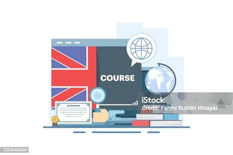 온라인 영어 교육 과정 Elearning 및 원격 학습 인터넷을 통한 외국어 수업 교육 디지털 마케팅의 개념 배경에 평면 벡터 그림 가리기에 대한 스톡 벡터 아트 및 기타