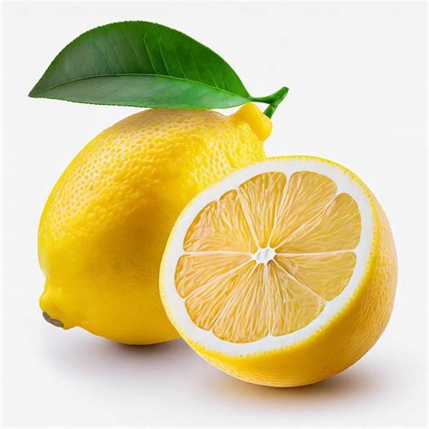 Lemon Fruit With Leaf Isolate Lemon Whole Half Slice Leaves On White