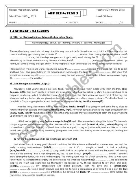 Mid Term Test 3 7th Form ESL Worksheet By Manoushka