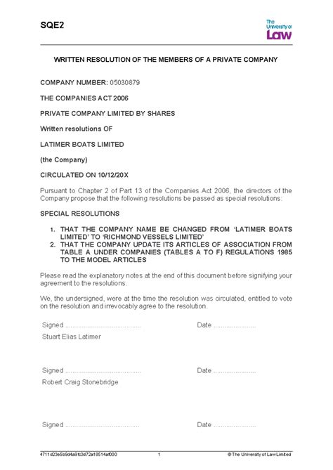 Written Resolution Sqe Written Resolution Of The Members Of A Private