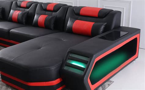 Keenan Modern U Shape Sectional With Led Lights Leather Sectional