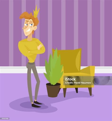 골든 크라운 서 접힌 손으로 거실 아파트 다채로운 벡터 일러스트 레이 션의 배경에 포즈 재미 젊은 남자 만화 캐릭터에에서 현대 미소 왕자 귀여운에 대한 스톡 벡터 아트 및