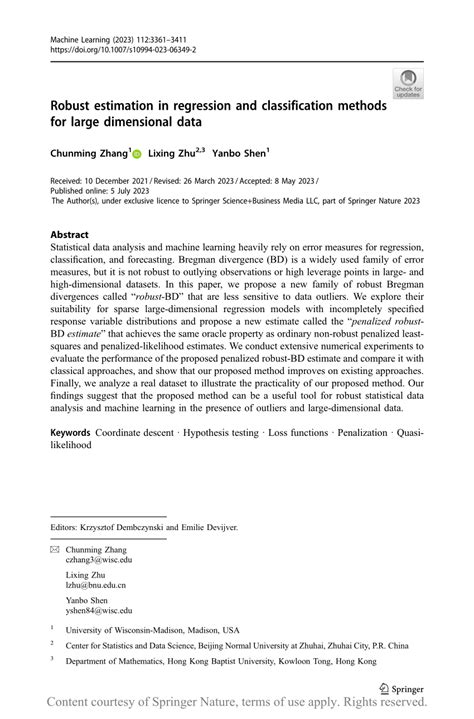 Robust Estimation In Regression And Classification Methods For Large Dimensional Data