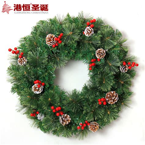 跨境圣诞花环60cm花环圣诞节商场品装饰门挂仿真混合红果松果藤条 阿里巴巴