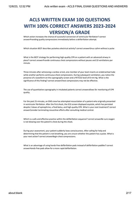 SOLUTION Acls Written Exam Acls Final Exam Questions And Answers Studypool