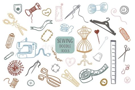 Sewing Doodles Hobby Hand Made Icons Vector Set Vector Outline