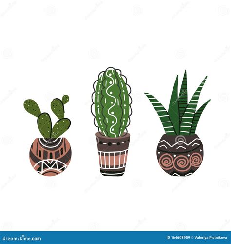 Conjunto De Cactus Planos Coloridos Y Suculentos En Macetas Con
