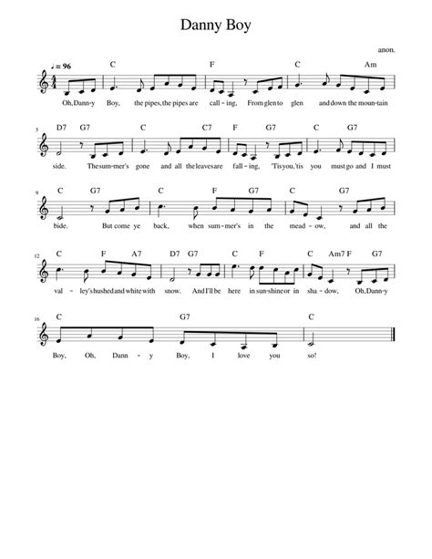 Danny Boy Sheet Music For Piano Solo Easy