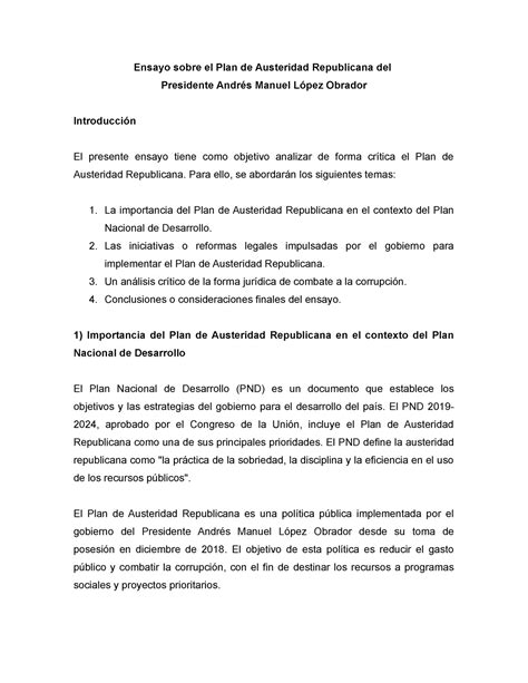 Plan De Austeridad De Amlo Ensayo Sobre El Plan De Austeridad