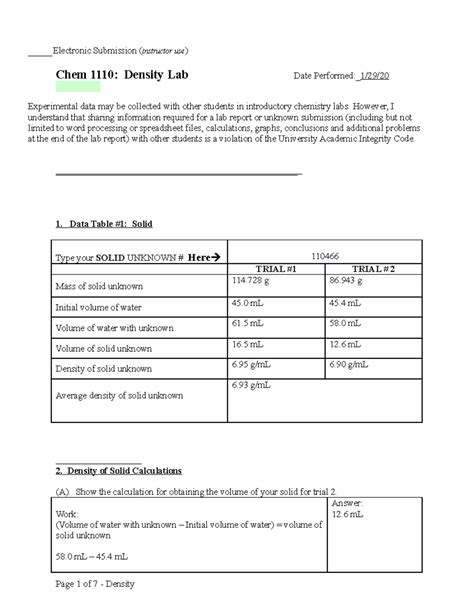Density Experiment Lab Report Electronic Submission Instructor Use Chem 1110 Density