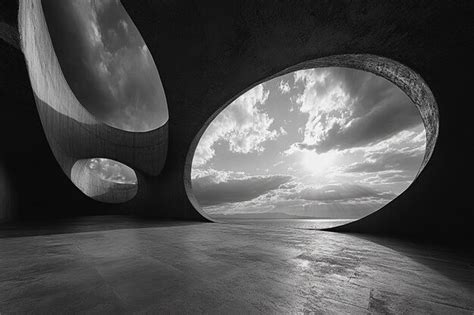 Abstract Architecture With Curved Concrete Walls And Circular Skylight
