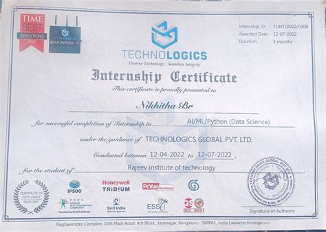 Completed Internship On Almlpython At Technologics Nikhitha Br