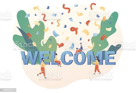 환영 개념입니다 친절한 팀은 새로운 팀원에게 행복합니다 이벤트 축하 회의 인사말 현대 평면 만화 스타일입니다 흰색 배경에 벡터