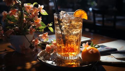 Refreshing Cocktail On A Wooden Table Summer Vibes In Nature Generated