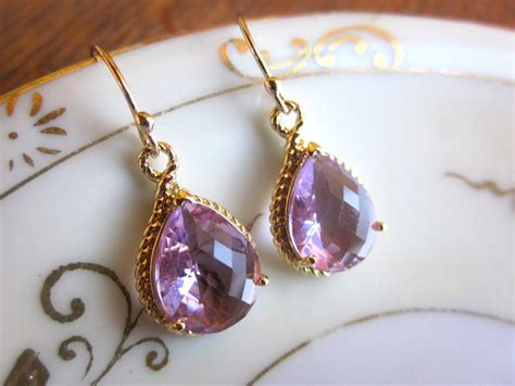 Lavender Earrings Purple Gold Teardrop Pendant Bridesmaid Etsy
