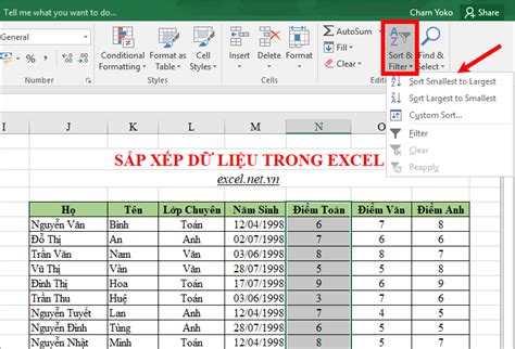 cách sắp xếp dữ liệu trong excel