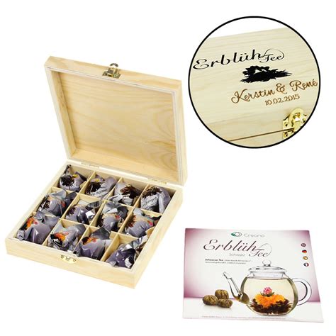 Erblühtee in edler Holzbox zur Hochzeit Schwarztee Geschenk Set