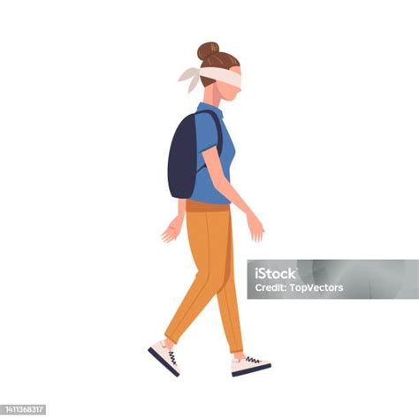 배낭을 든 여성 캐릭터 눈가리개를 착용하고 누군가를 신뢰하고 무언가에 대한 믿음을 가진 사람 벡터 일러스트 레이 션 감각 지각에 대한 스톡 벡터 아트 및 기타 이미지