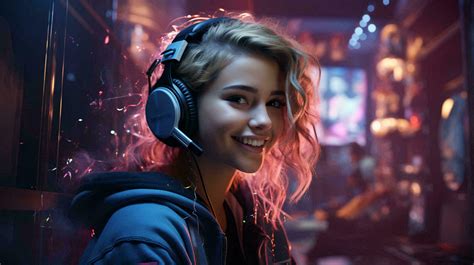 A Girl In Headphones Rejoices And Laughs While Playing Computer Online