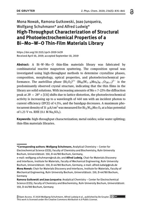 Pdf High Throughput Characterization Of Structural And Photoelectrochemical Properties Of A Bi