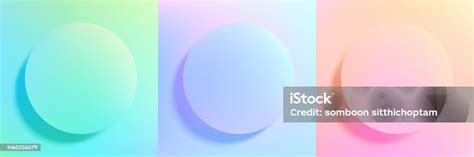 부드러운 그림자가 있는 녹색 분홍색 노란색 보라색 파란색 홀로그램 3d 원형 프레임 배경 세트 파스텔 최소 받침대 연단은 텍스트 복사 공간이 있는 상단 보기에서 볼 수