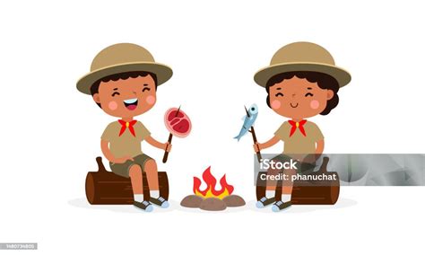 통나무에 앉아 모닥불에 생선과 생선을 굽는 귀여운 아이들 보이 스카우트 또는 걸 스카우트 명예 유니폼 어린이 여름 캠프 행복 한 어린이 만화 평면 문자 고립 된 벡터