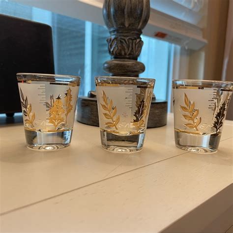 Libby Dining Vintage Mcm Frosted Gold Floral Shot Glasses 3 Libby