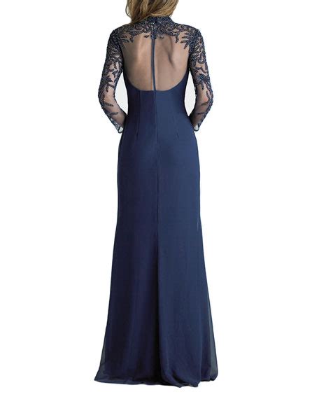 Basix Beaded Mock Neck Long Sleeve Sheer Yoke Gown Neiman Marcus