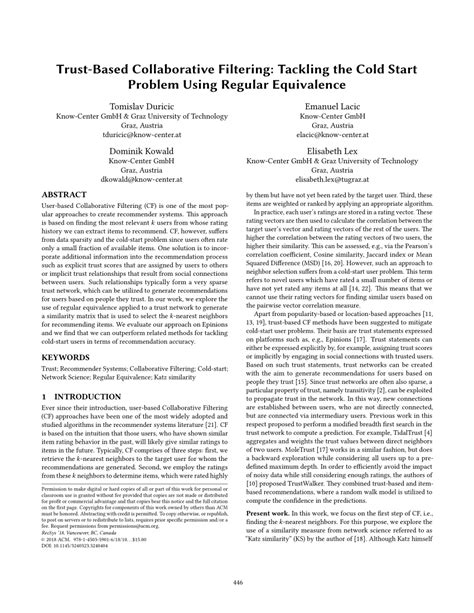 Pdf Trust Based Collaborative Filtering Tackling The Cold Start