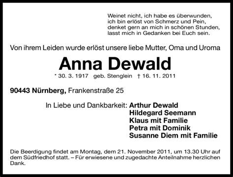 Traueranzeigen Von Anna Dewald Trauernnde