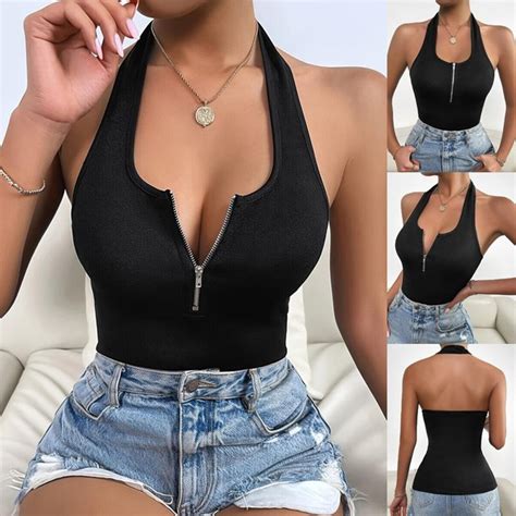 Womens Sexy V Neck Zipper Tops Summer Fashion Casual Sleeveless Halter